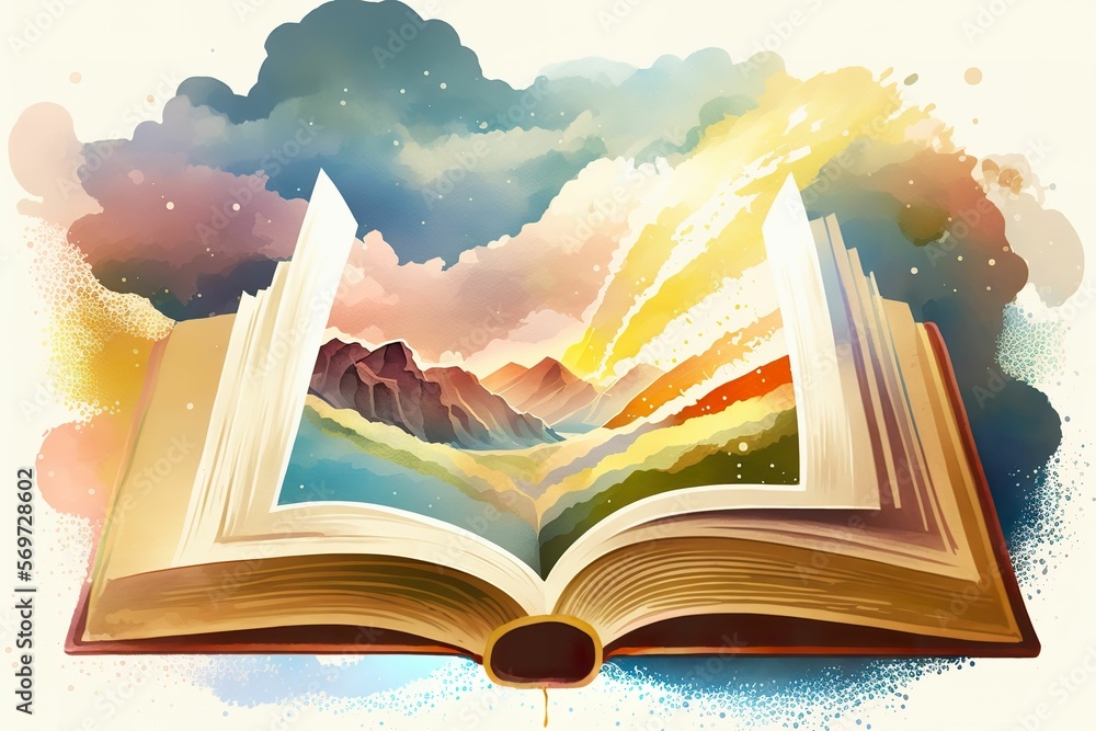 Bible illustration open book landscape art paradise sun light prayer ...