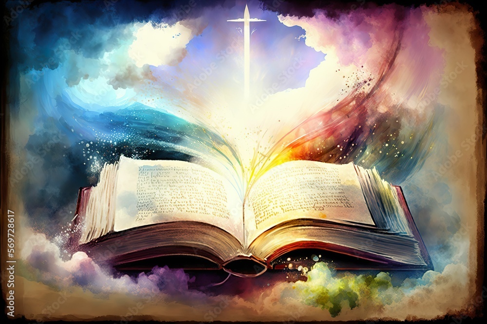 Bible illustration open book landscape art paradise sun light prayer ...