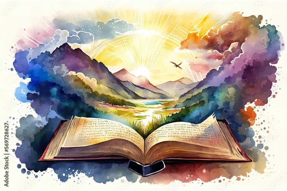 Bible illustration open book landscape art paradise sun light prayer ...