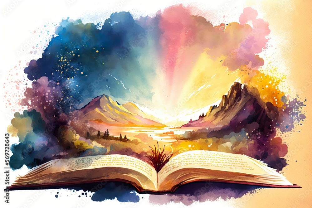 Bible illustration open book landscape art paradise sun light prayer ...