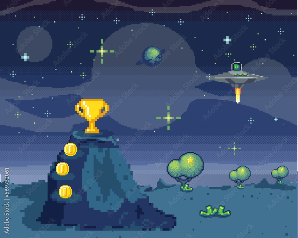 Pixel art with fantastic space landscape background. Colorful pixel ...