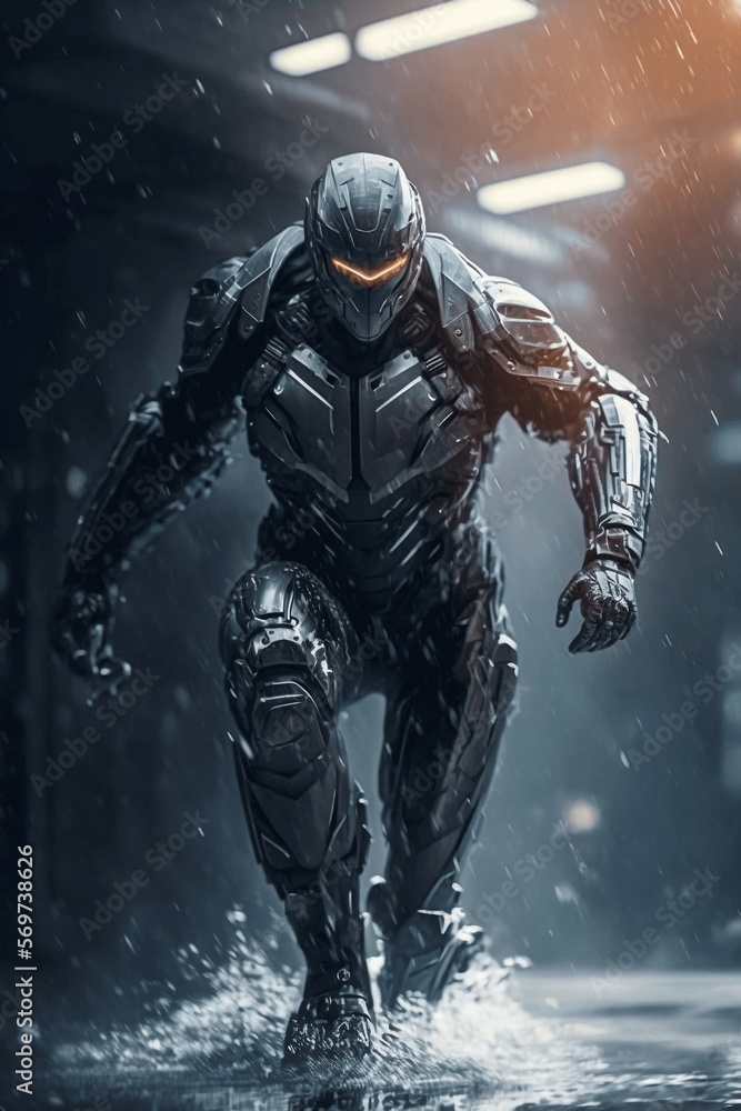 wet shiny reflective Biomechanical armor, he jumps and flips from a ...