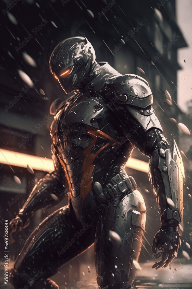 wet shiny reflective Biomechanical armor, he jumps and flips from a ...