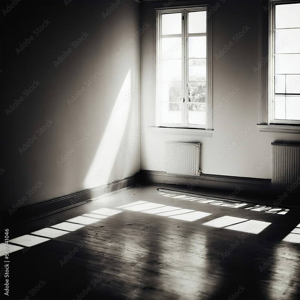 old apartment, empty room, white walls, sunlight, loneliness ...