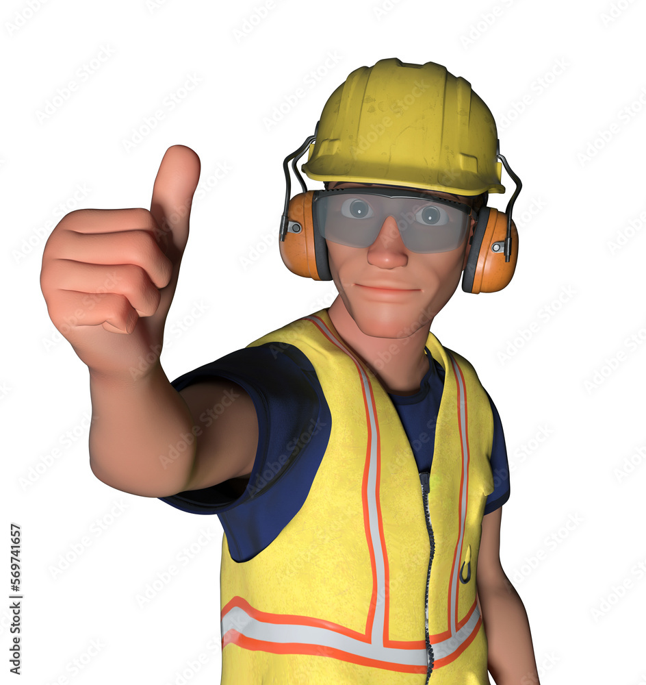 cartoon man construction worker hard hat safety glasses noise ...