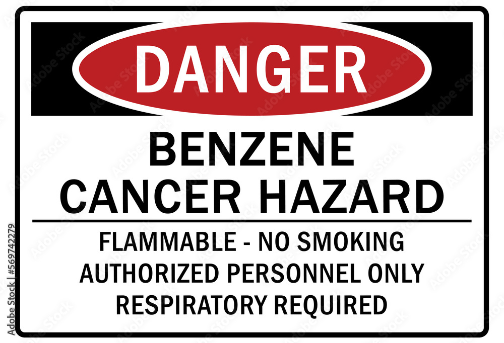 Vetor de Benzene sign and labels cancer hazard, flammable no smoking ...
