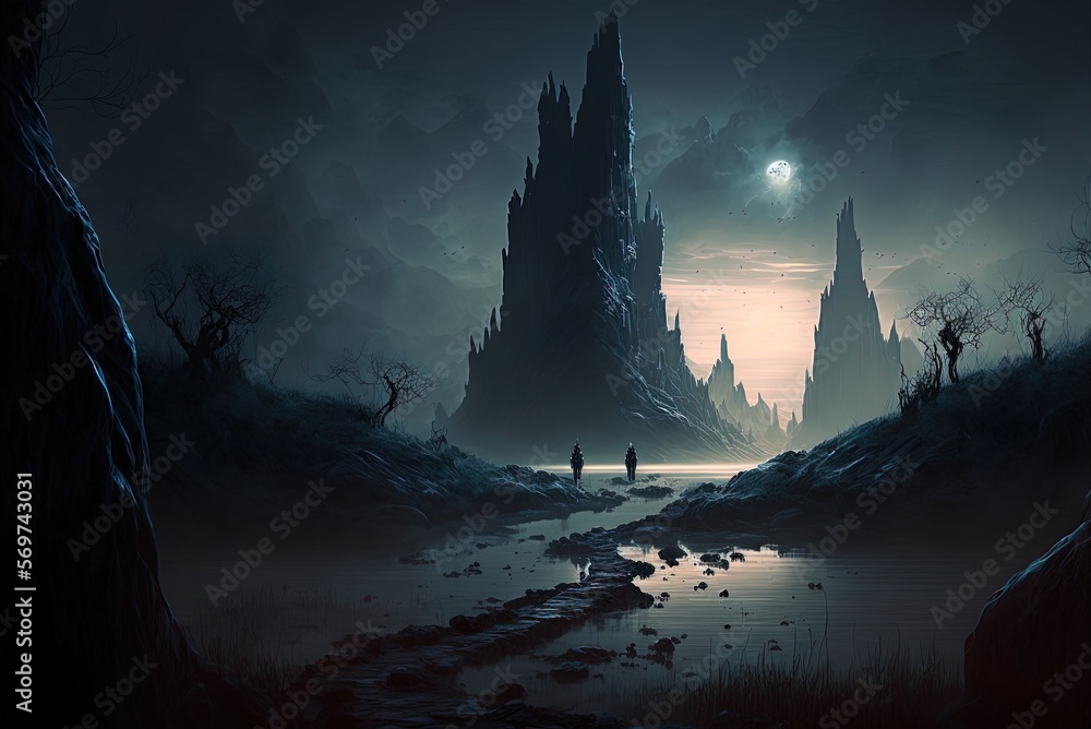 artwork, digital art, and digital landscape depicting a grim fantasy ...