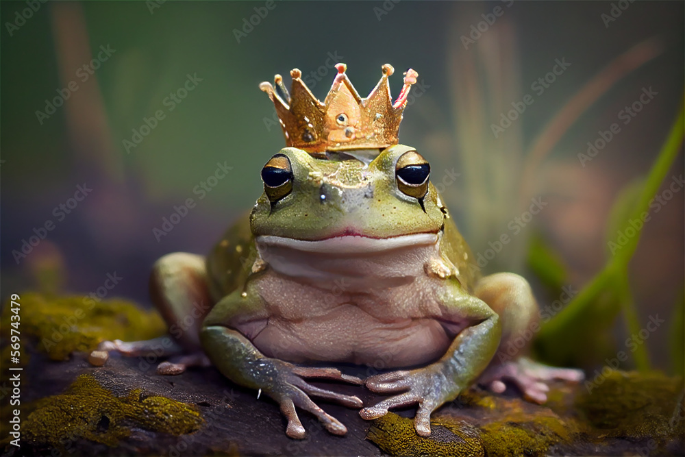 Cute frog wearing a crown on a lily pad in the middle of a pond ...