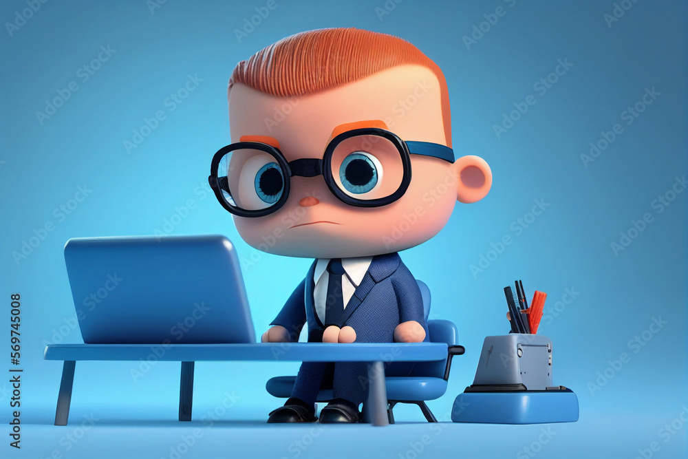 3d cartoon character cute kid boy businessman with laptop at his desk ...