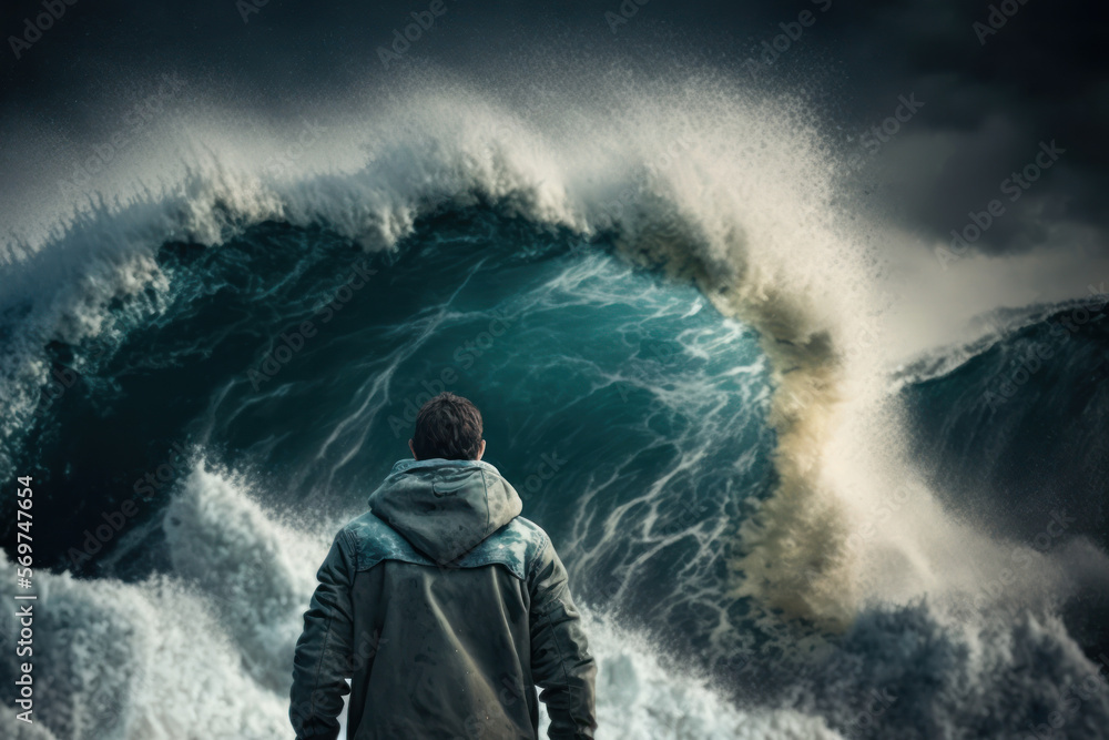 Man standing front of big strom wave abstract background. Challenge and ...
