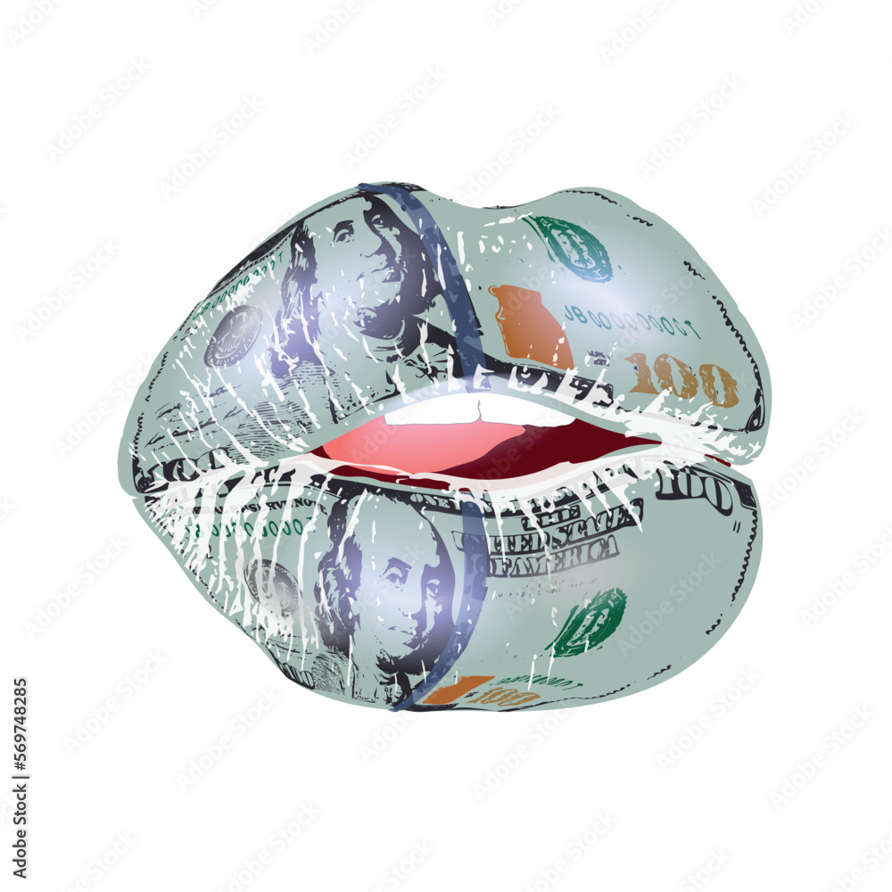 Dollar mask on the lips, money kiss with an imprint of an expensive ...