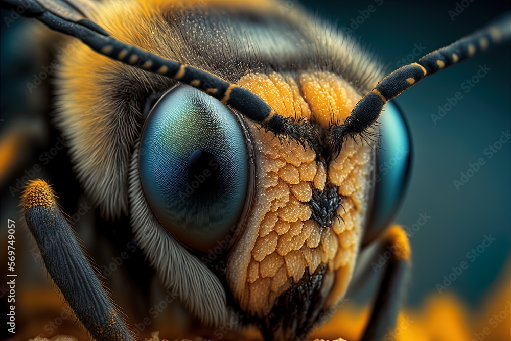 macro of a honeybee, a bee photographed at an ultra close range, and a ...