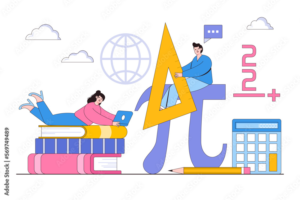 Math science concept with characters. People gaining education. Outline ...