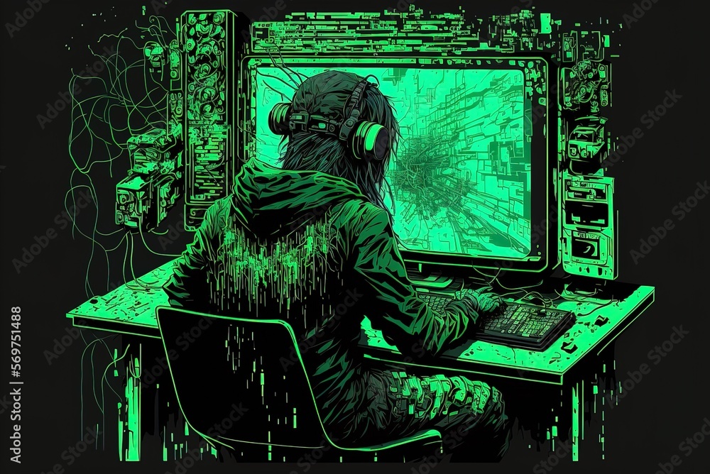 In this cyberpunk image, a black and green color scheme complements the ...