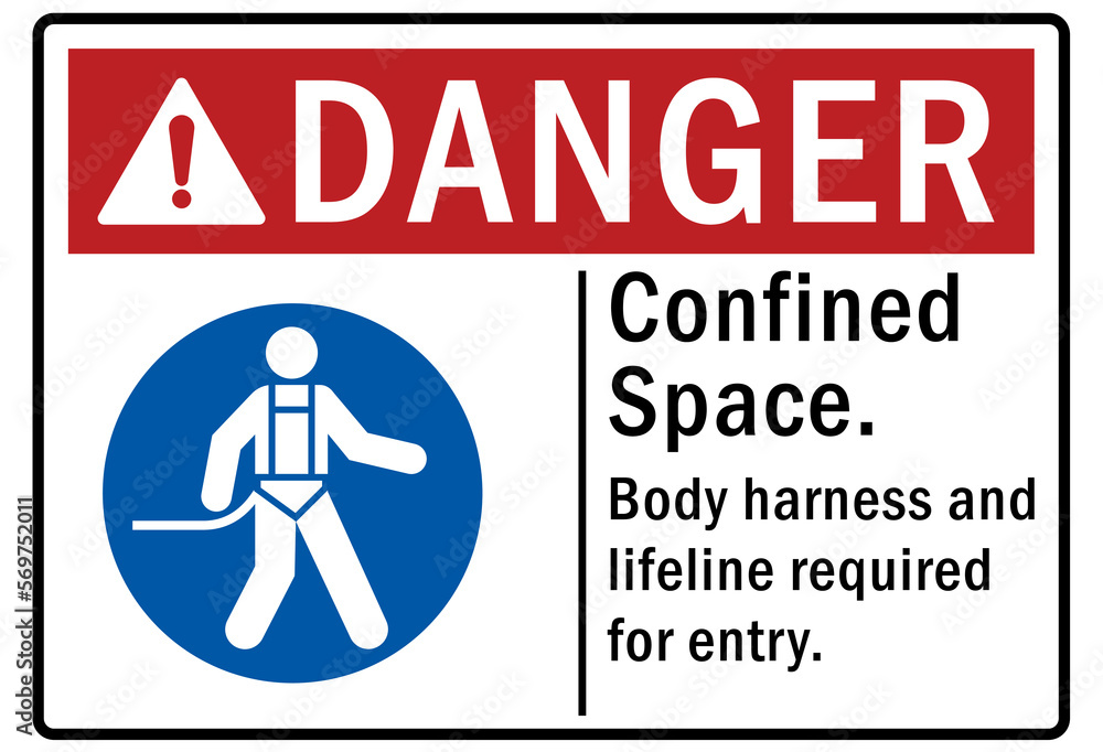 Safety equipment sign and labels confined space. Body harness and ...