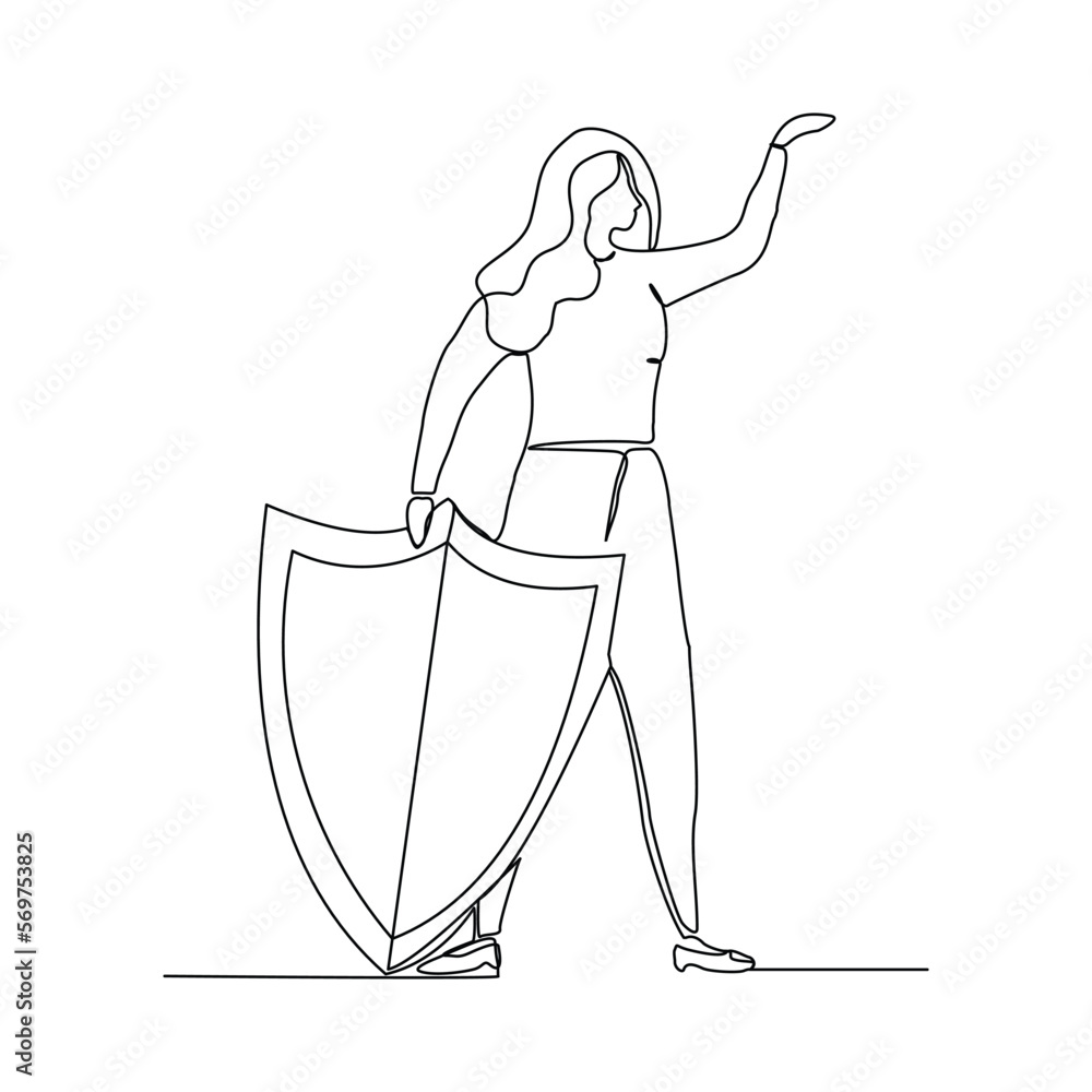 Continuous single one line drawing art of business woman holding shield ...