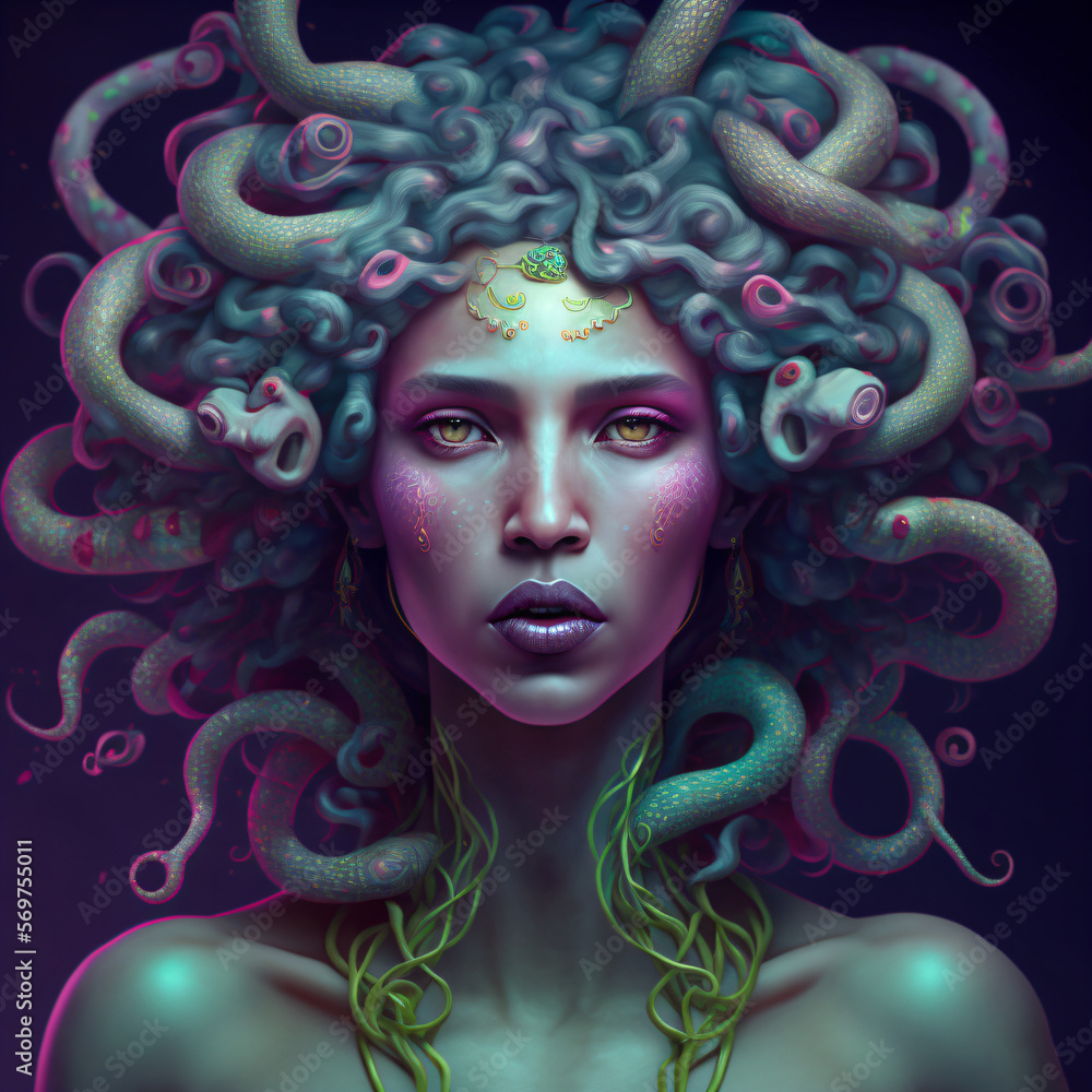 portrait of the medusa greek mythological monster isolated on a dark ...