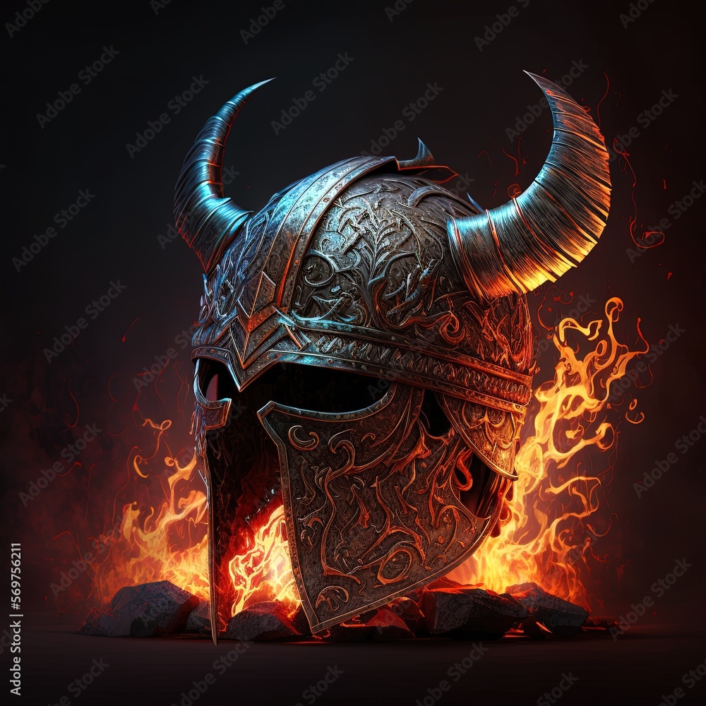 Generative A iron and leather viking helmet glowing with deep red fire ...