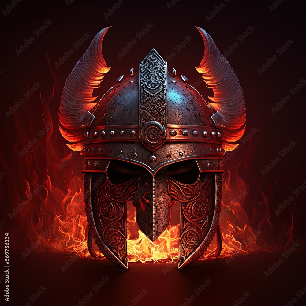Generative A iron and leather viking helmet glowing with deep red fire ...