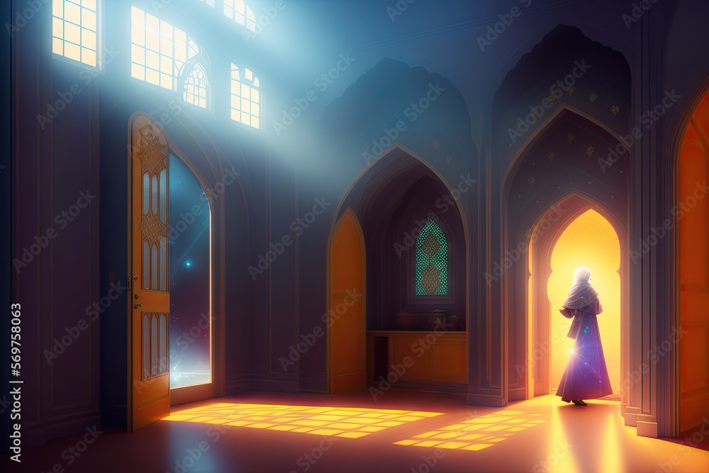Islamic background painting. Mosque and shadows. Light rays from mosque ...