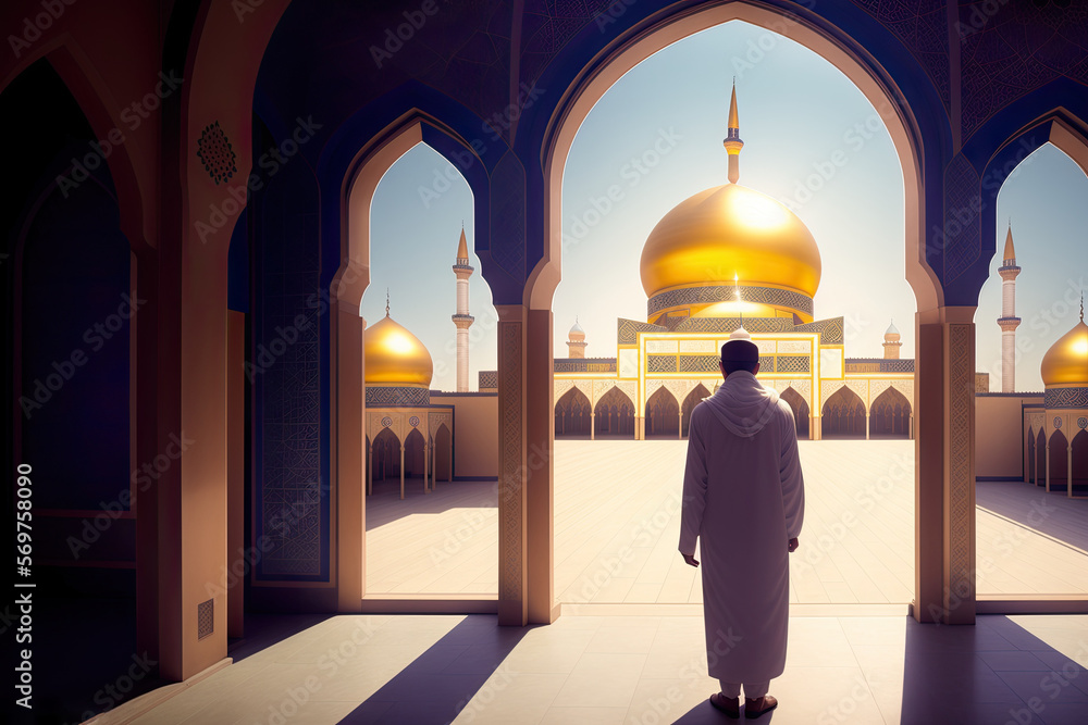 Islamic background painting. Mosque and shadows. Light rays from mosque ...