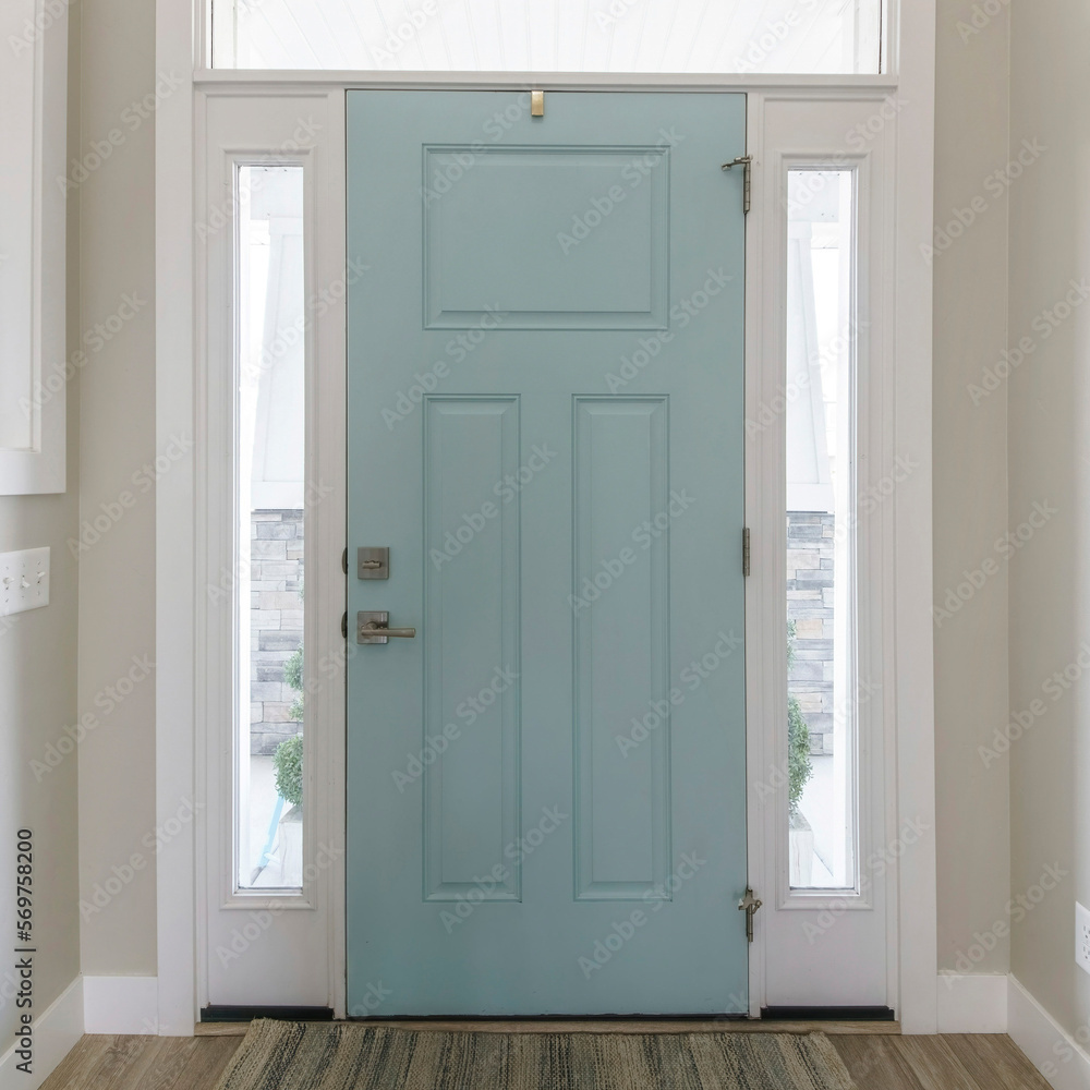 Square Mint front door interior with transom window and sidelights ...