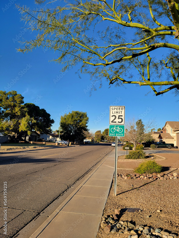 Bike Route and Speed Limit sign road signs at residential city road ...