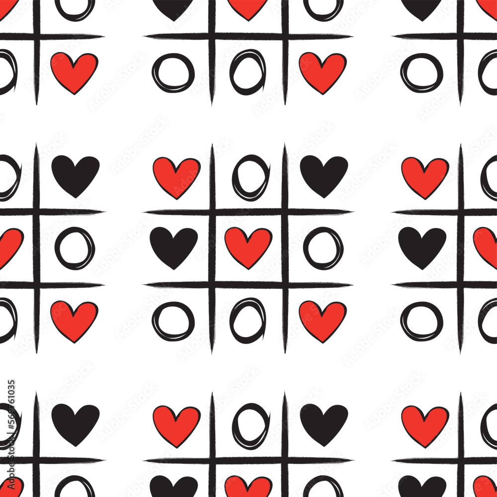 Seamless pattern, tic-tac-toe game with hearts. Funny hand drawn ...