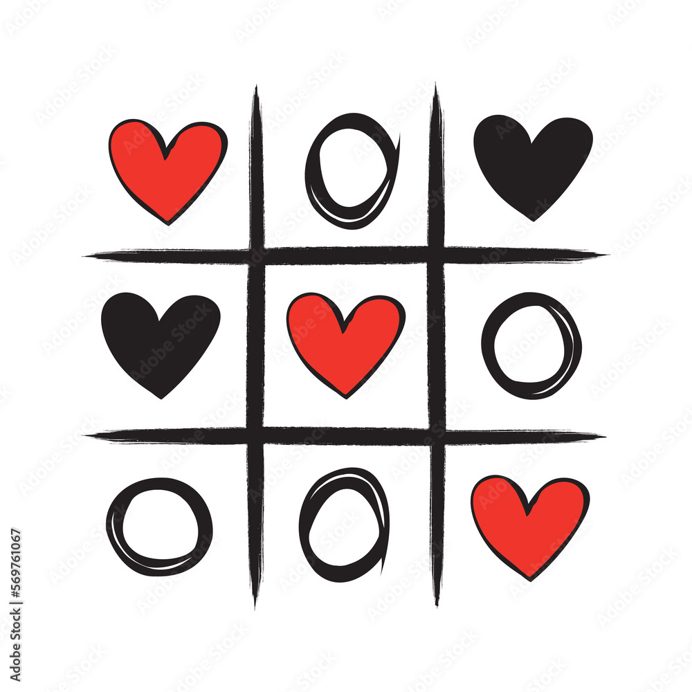 Tic-tac-toe game with hearts. Funny hand drawn poster for print ...