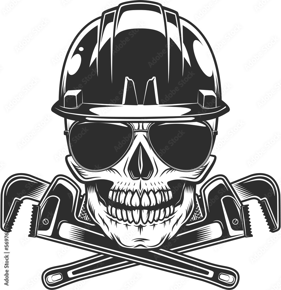 Skull in hardhat buider helmet with construction plumbing wrench ...