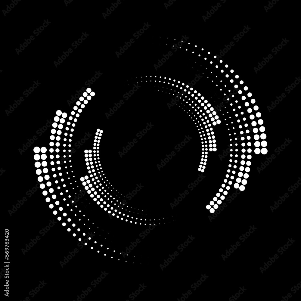 White radial halftone dots and lines in spiral form. Geometric art ...