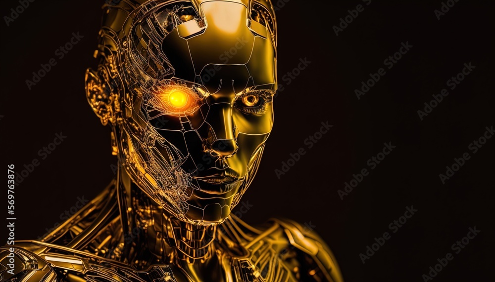 Futuristic golden AI Android in cinematic lighting, photoreal, realism ...