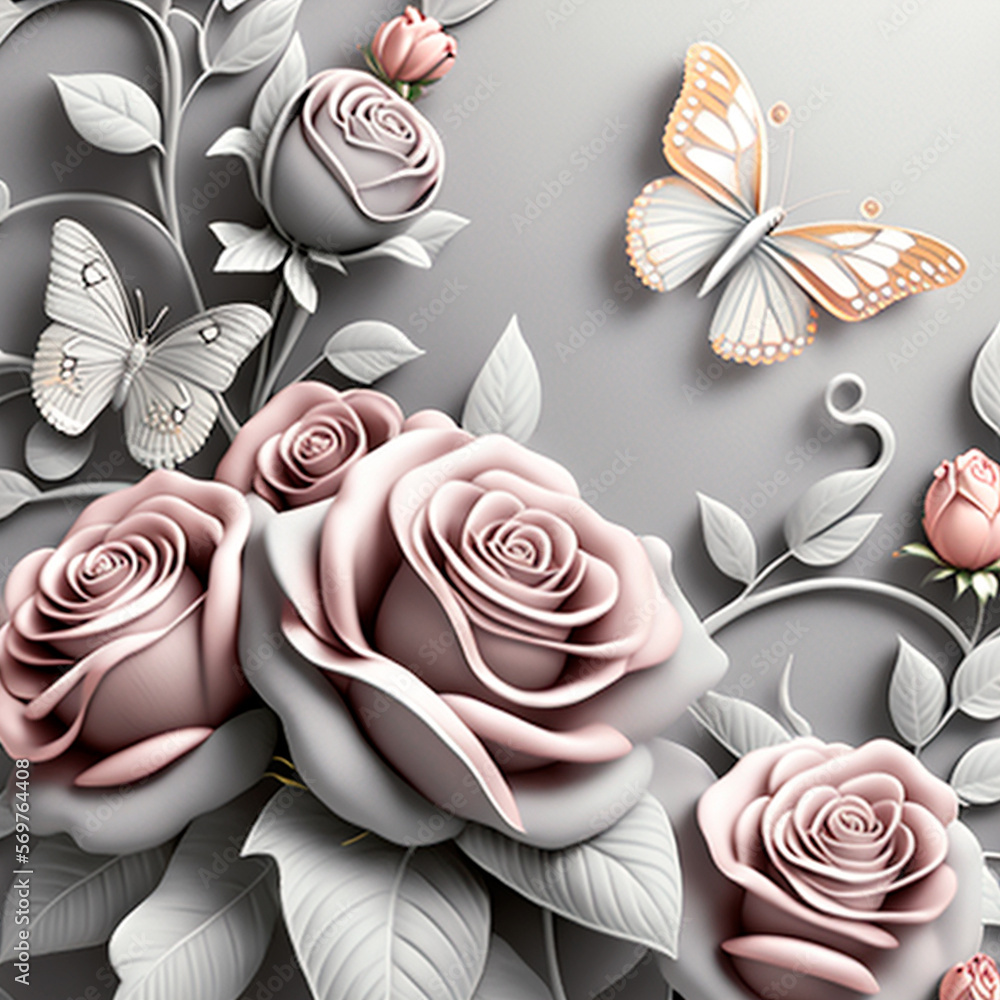 Gray Roses And Butterflies