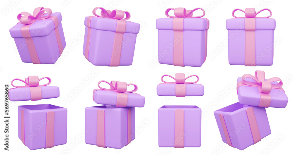 3d render purple gift boxes open and closed with pink ribbon bow ...