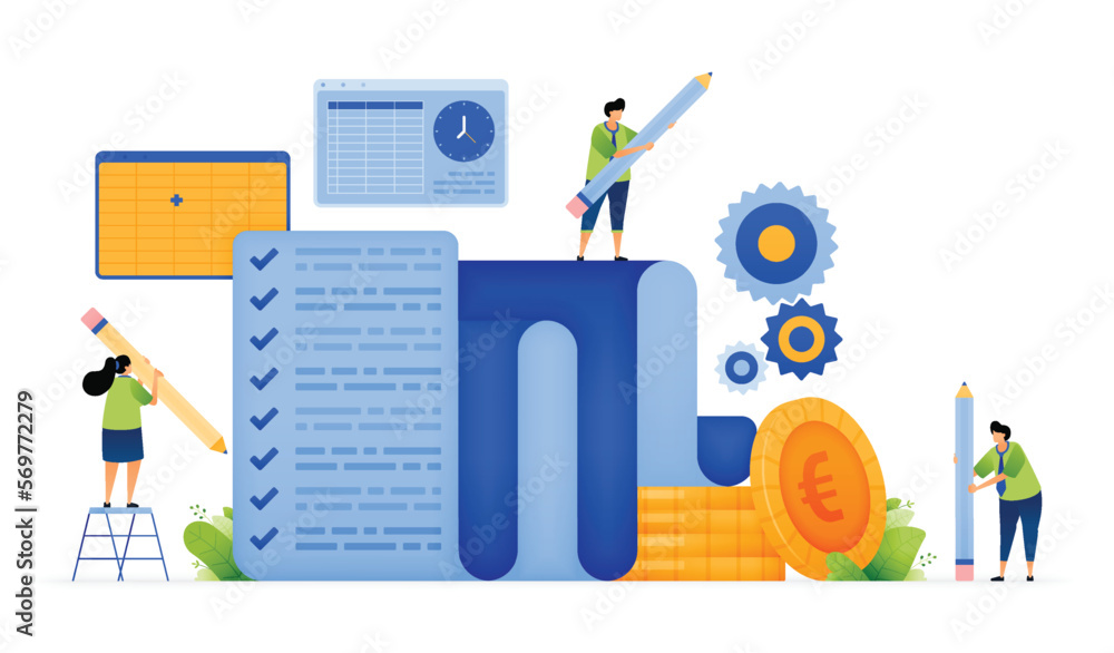 Vector illustration of financial auditing in bank management. Examining ...