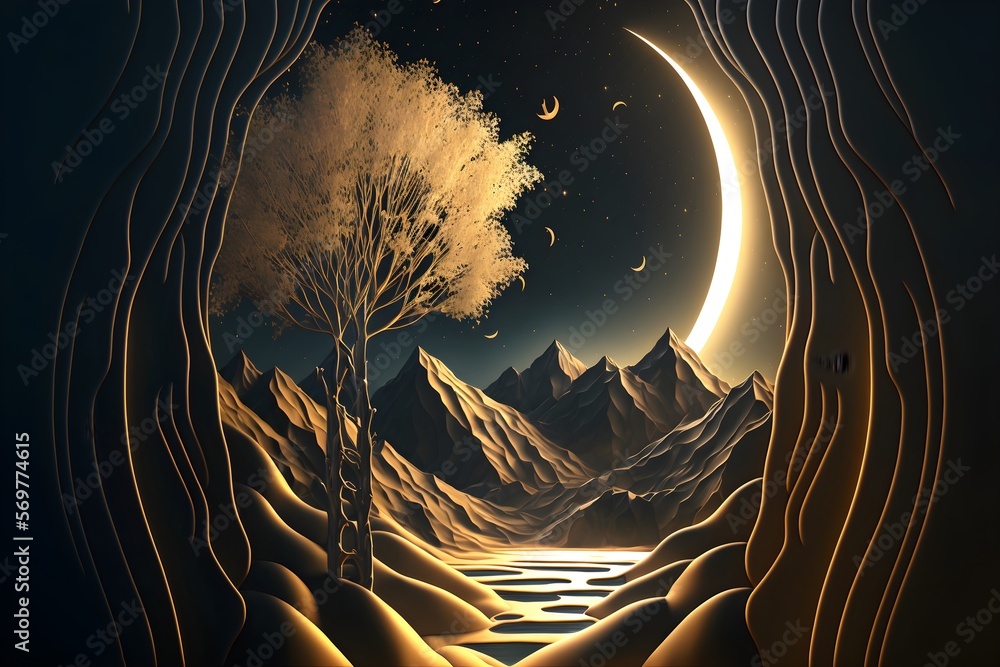 3d modern art mural wallpaper with night landscape with dark mountains ...