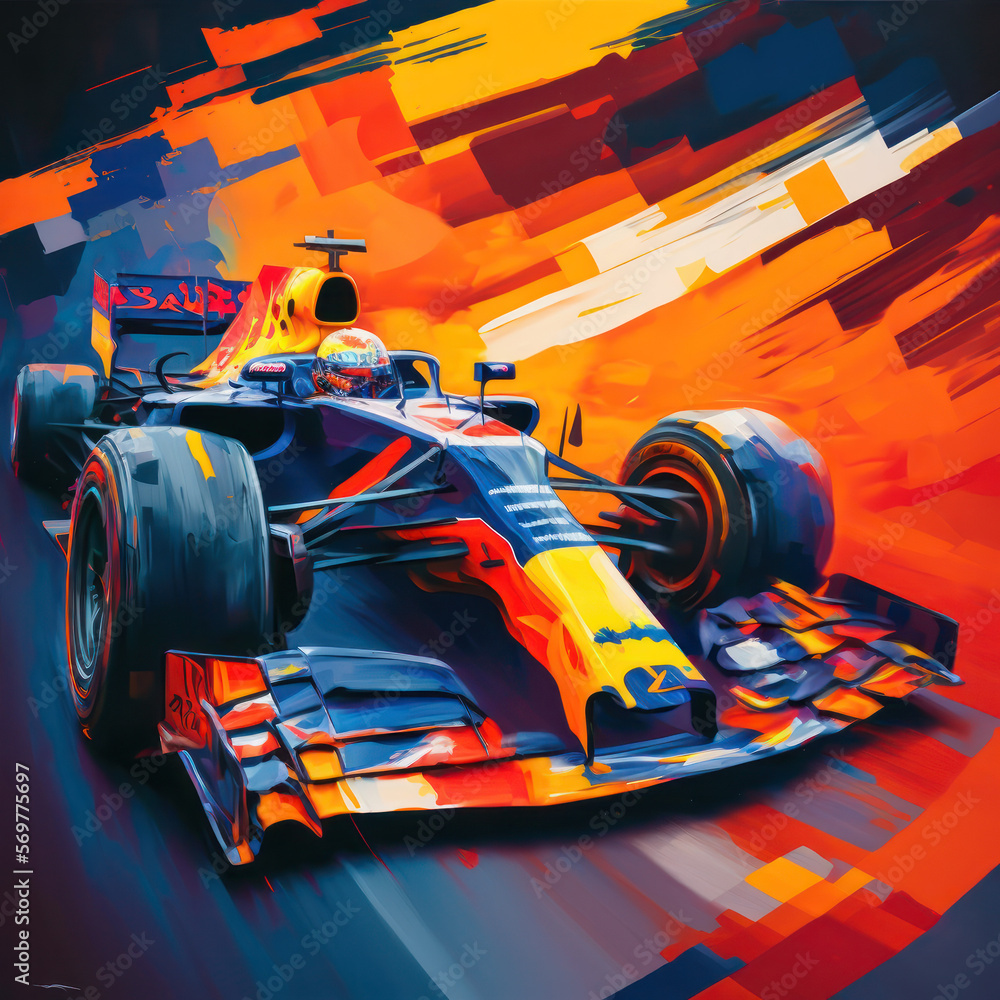 The sleek blue yellow and orange F1 car powers through the turns, its ...