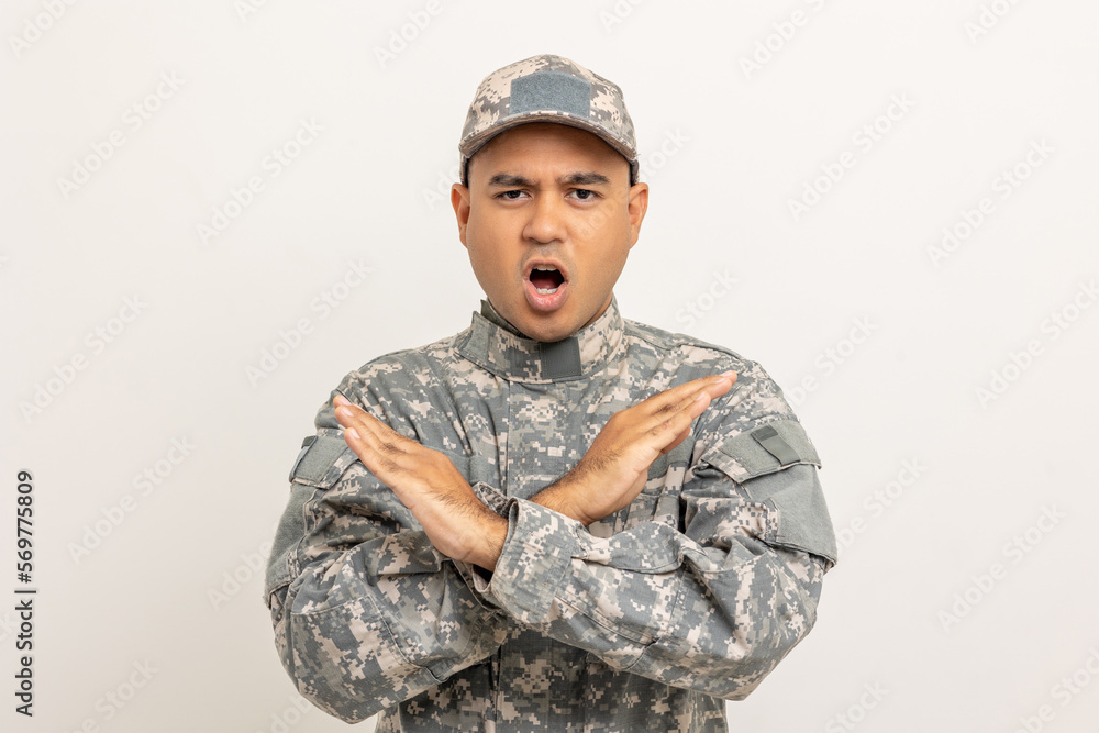 Don't sign stop war. Asian man special forces soldier standing with ...