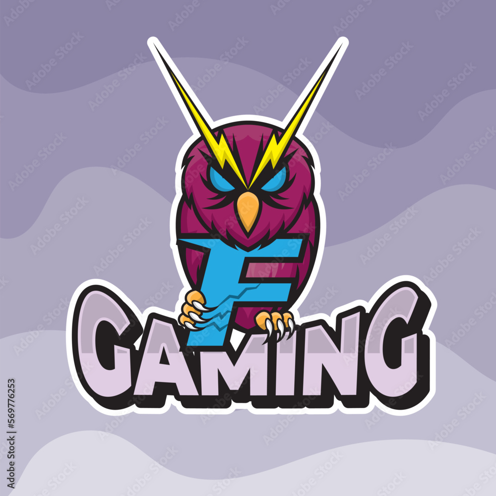 Letter F logo with owl mascot esport logo design, night bird ...