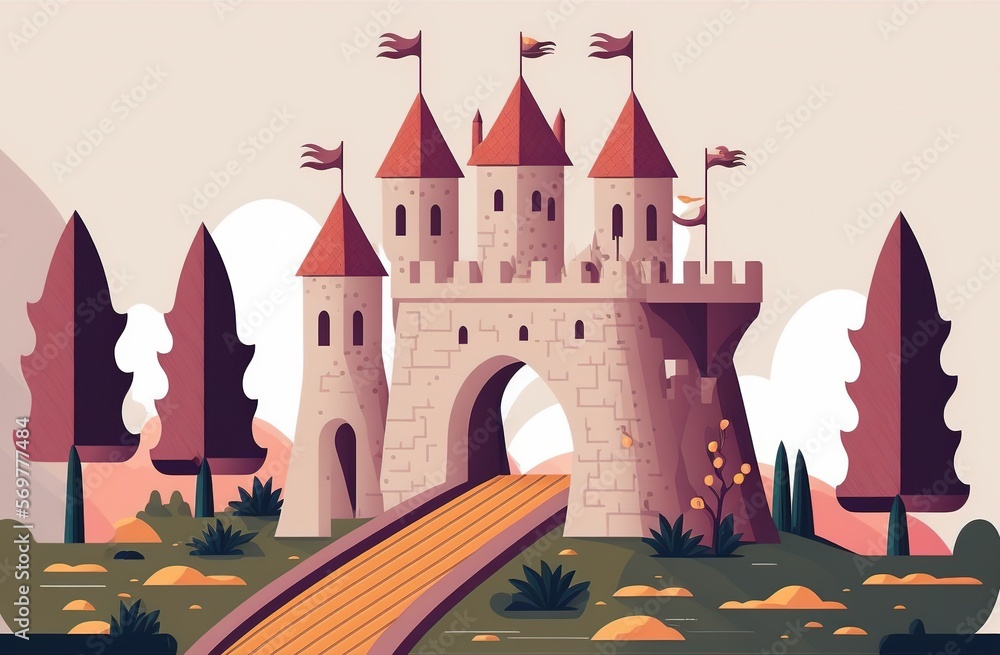 fairy tale castle, drawbridge and fortified walls made with generative ...