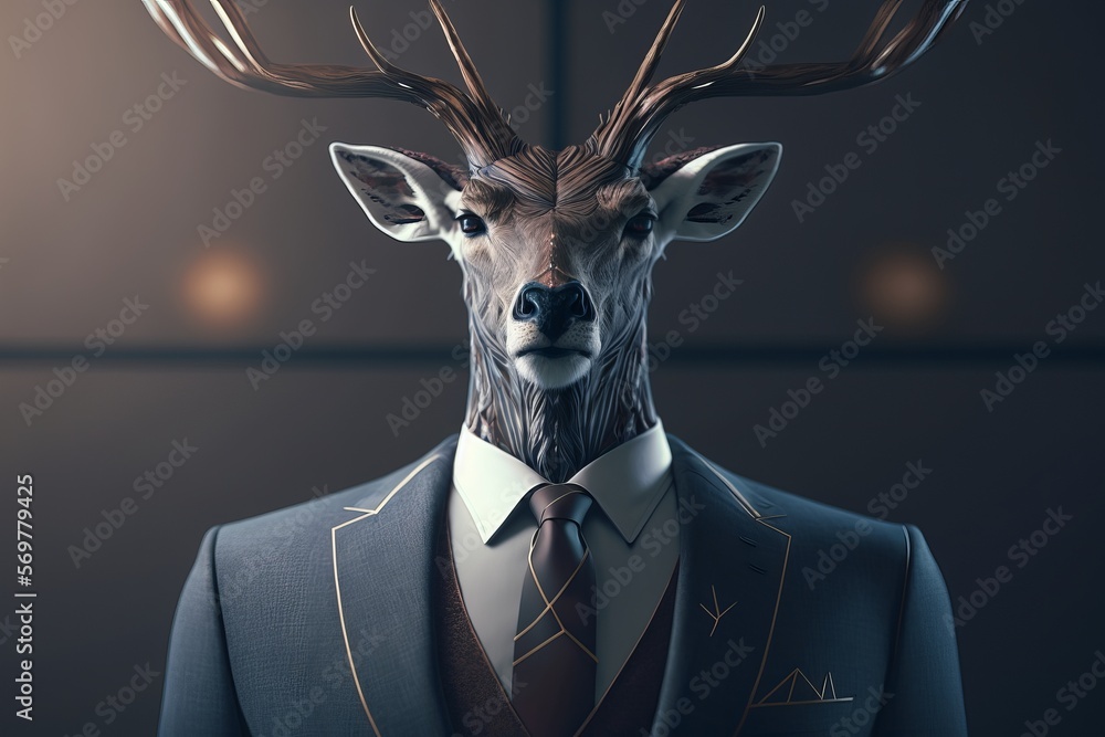 Splendid depiction of a humanoid deer in a business suit. This graphic ...