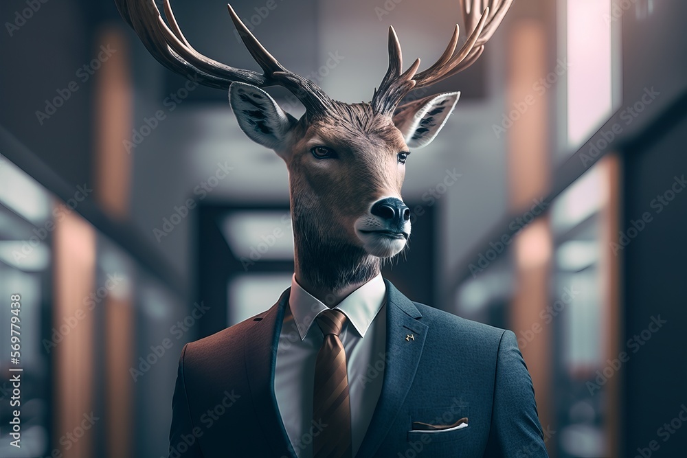 Splendid depiction of a humanoid deer in a business suit. This artwork ...