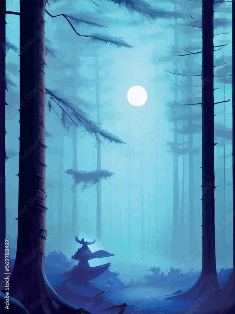 Spooky forest with full moon and floor. Without leaves and branches ...