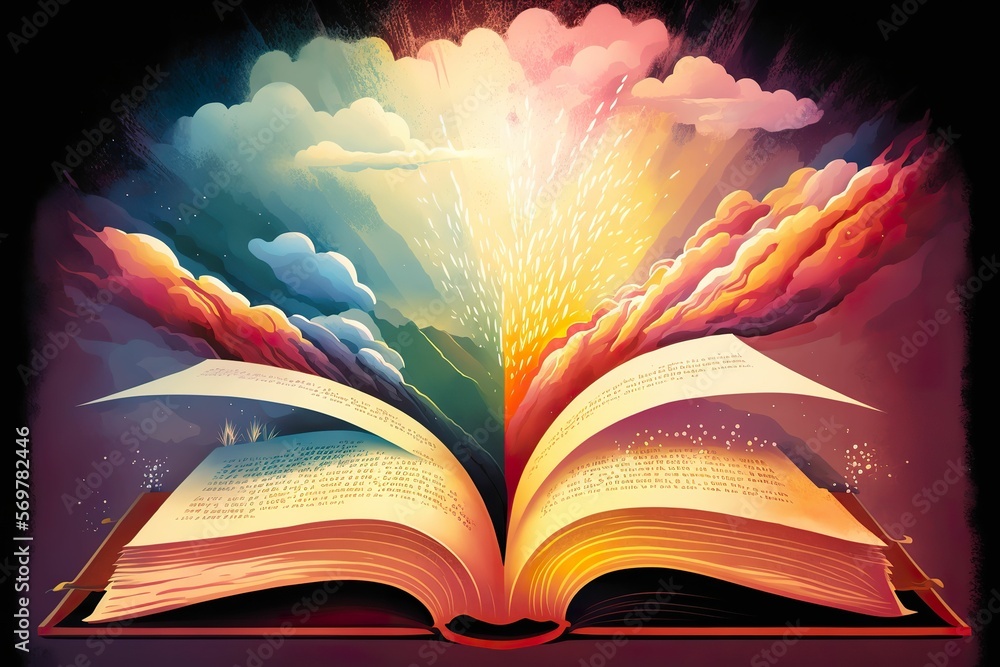 Bible illustration open book landscape art paradise sun light prayer ...