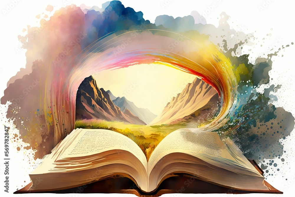 ภาพประกอบสต็อก Bible illustration open book landscape art paradise sun ...