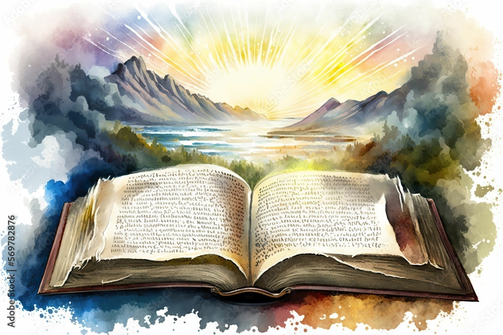 Bible illustration open book landscape art paradise sun light prayer ...