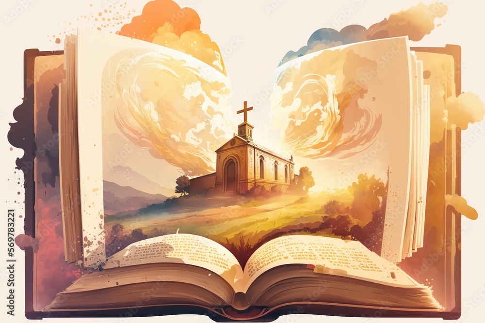 Bible illustration open book landscape art paradise sun light prayer ...
