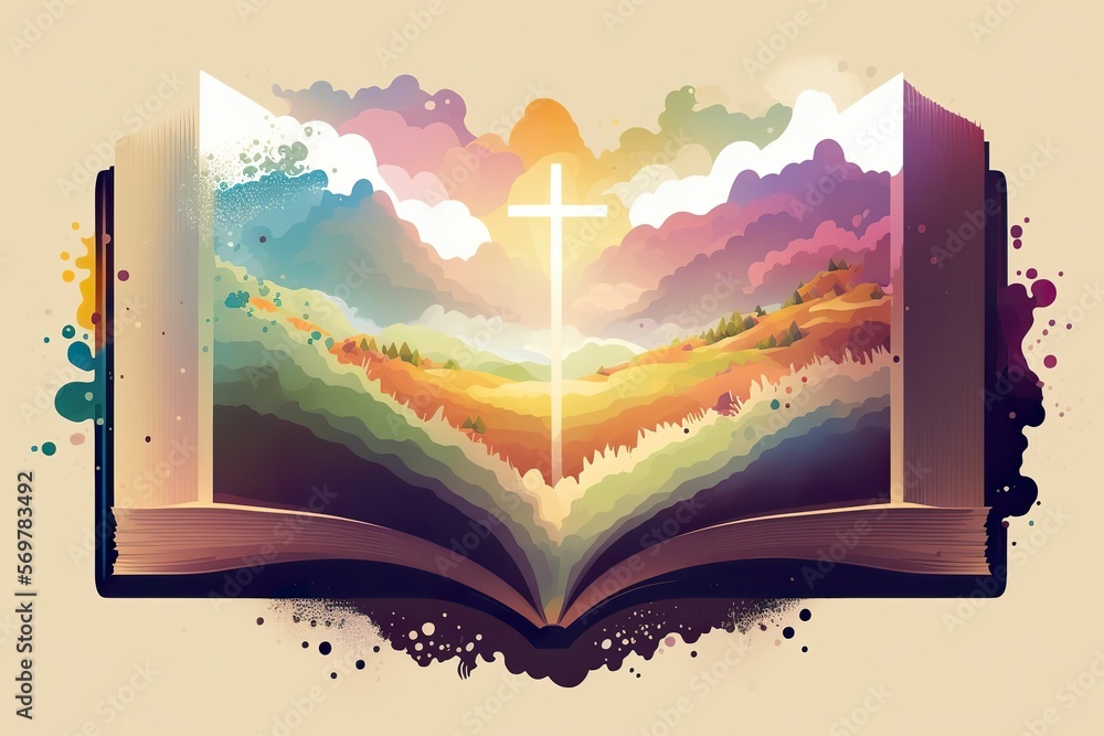 Bible illustration open book landscape art paradise sun light prayer ...