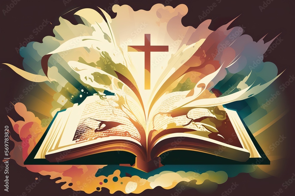 Bible illustration open book landscape art paradise sun light prayer ...
