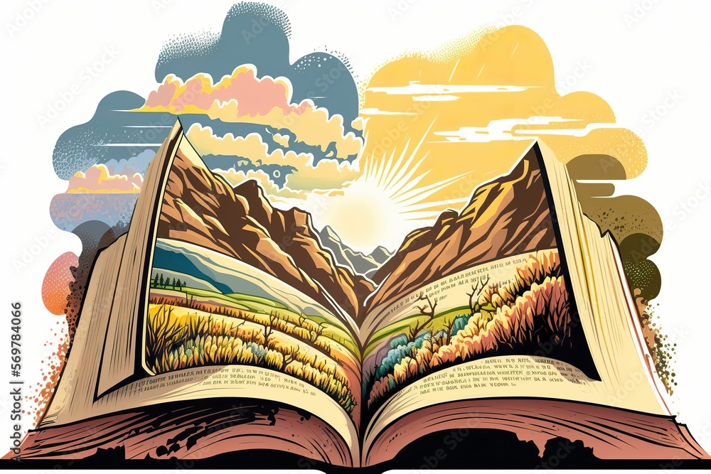 Bible illustration open book landscape art paradise sun light prayer ...